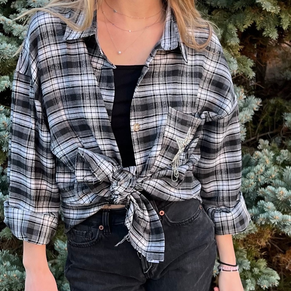 Fringe Flannel Shirt With Rhinestones Gem